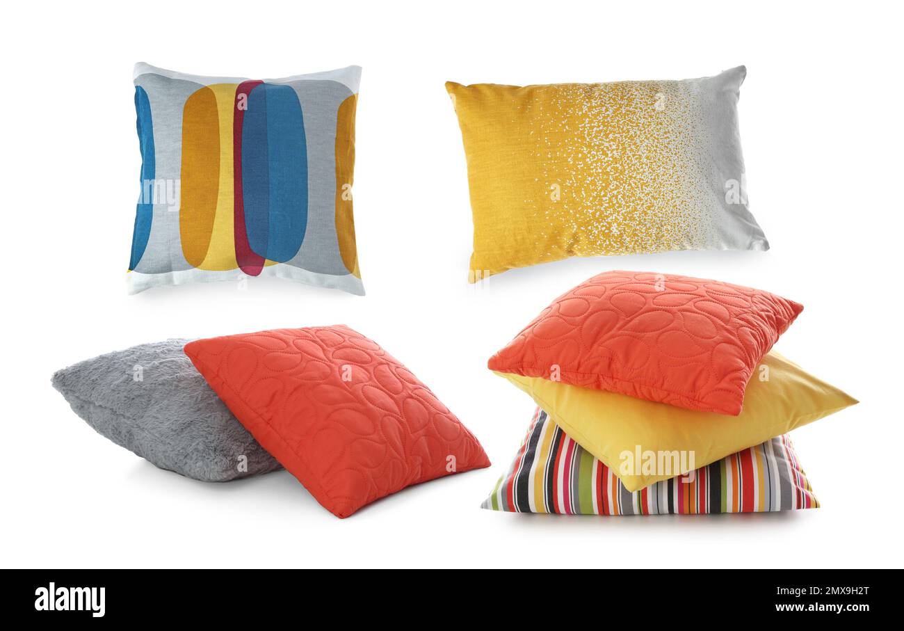 Set of different pillows on white background Stock Photo - Alamy