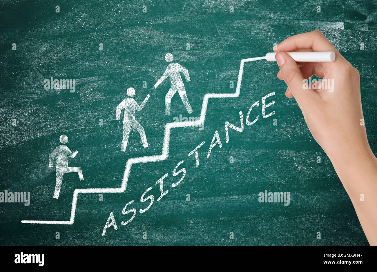 Team work concept. Woman drawing people figures walking up stairs on ...