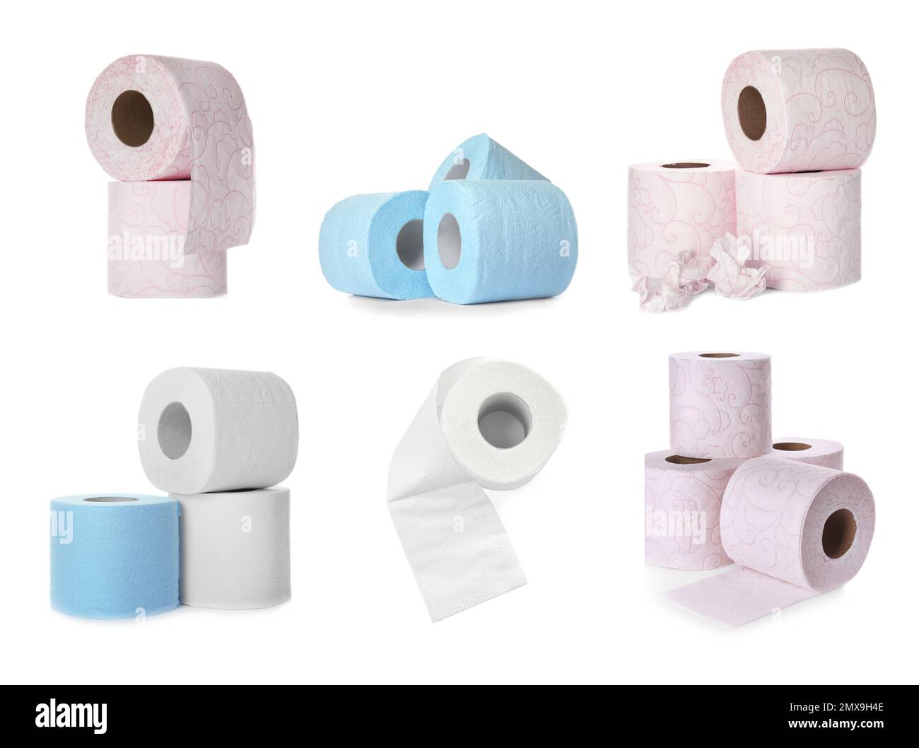 Set with color rolls of toilet paper on white background Stock Photo ...