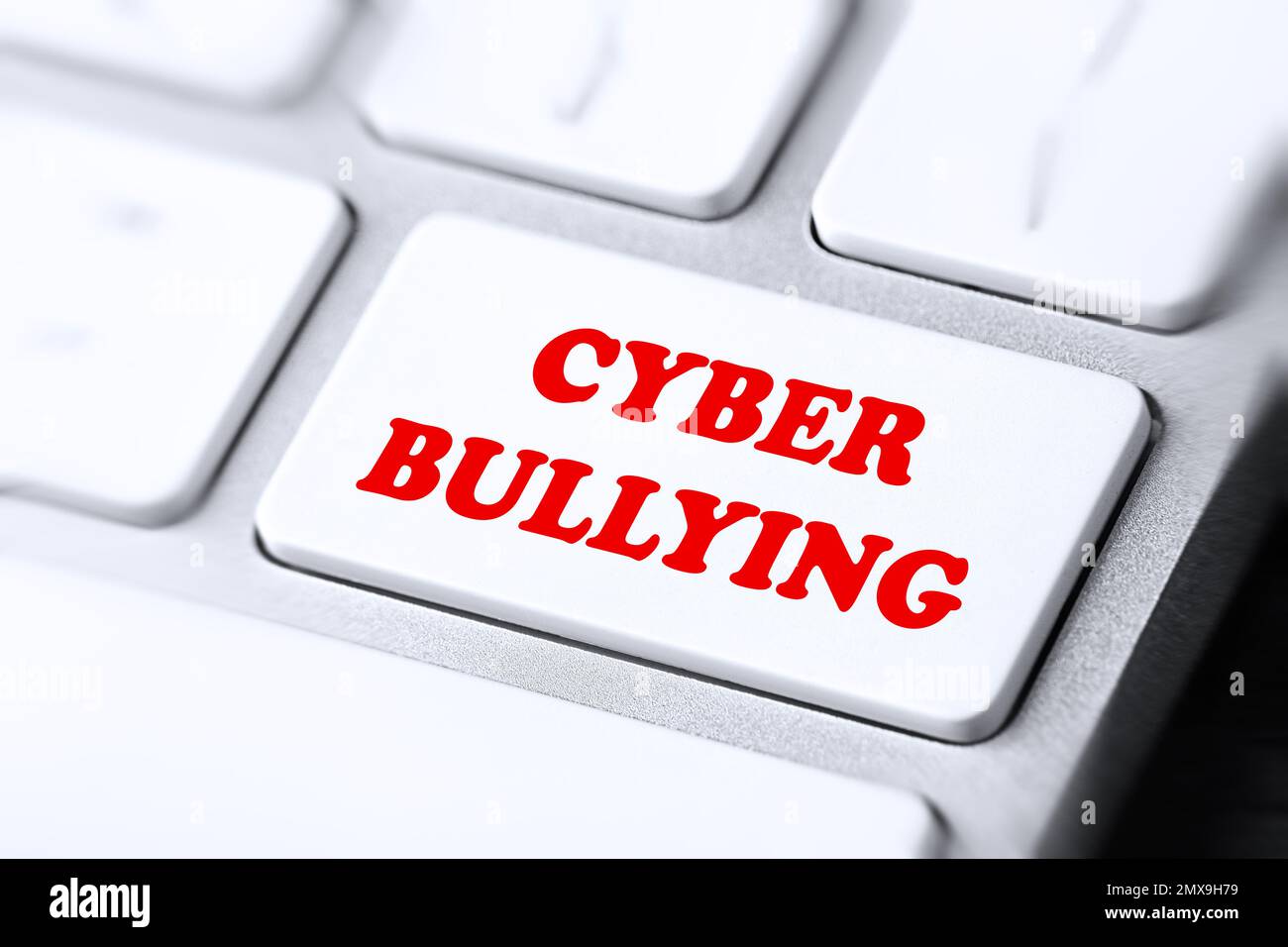 Modern computer keyboard with phrase CYBER BULLYING on white button ...