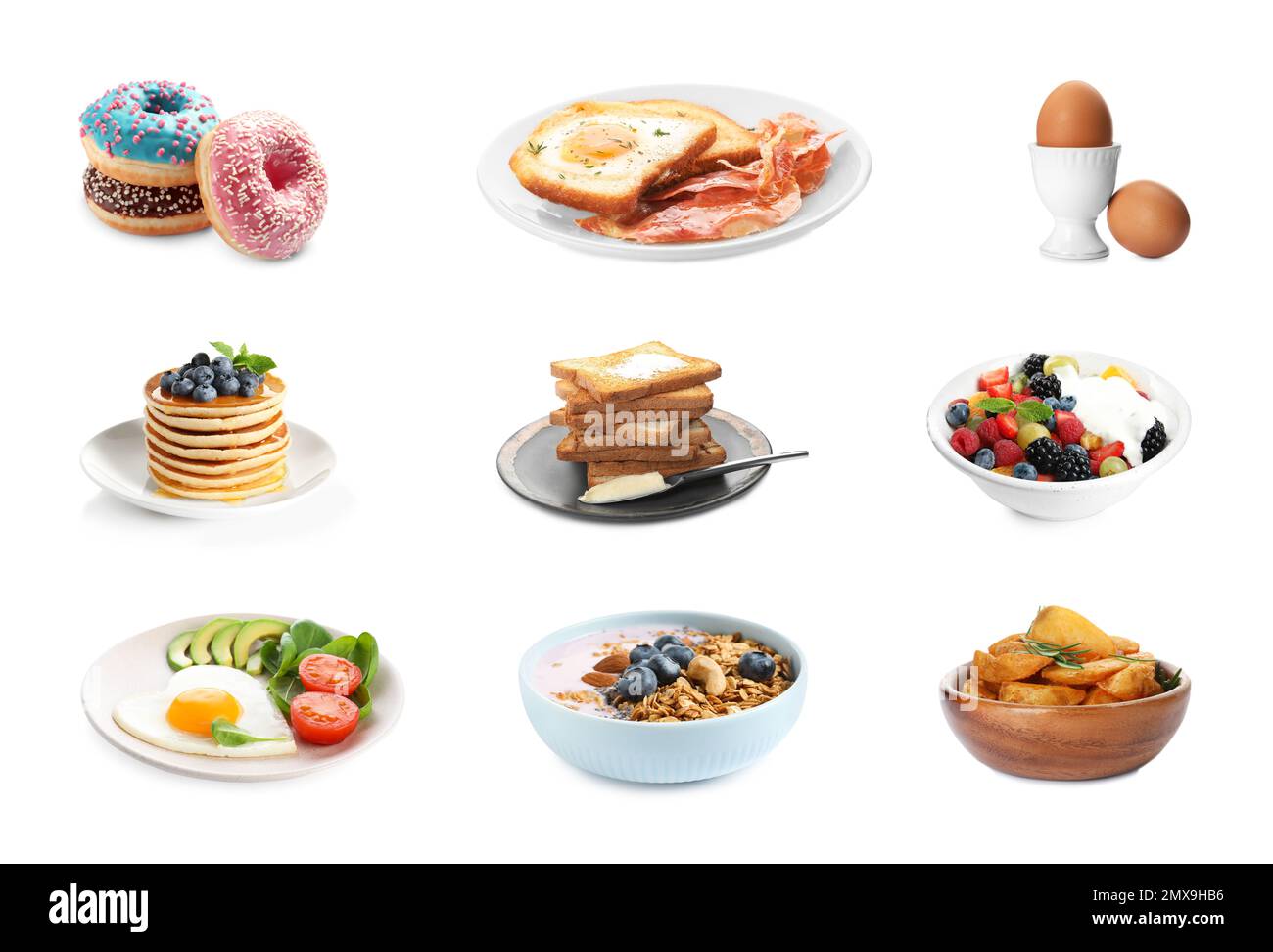 Set of different delicious dishes for breakfast on white background ...
