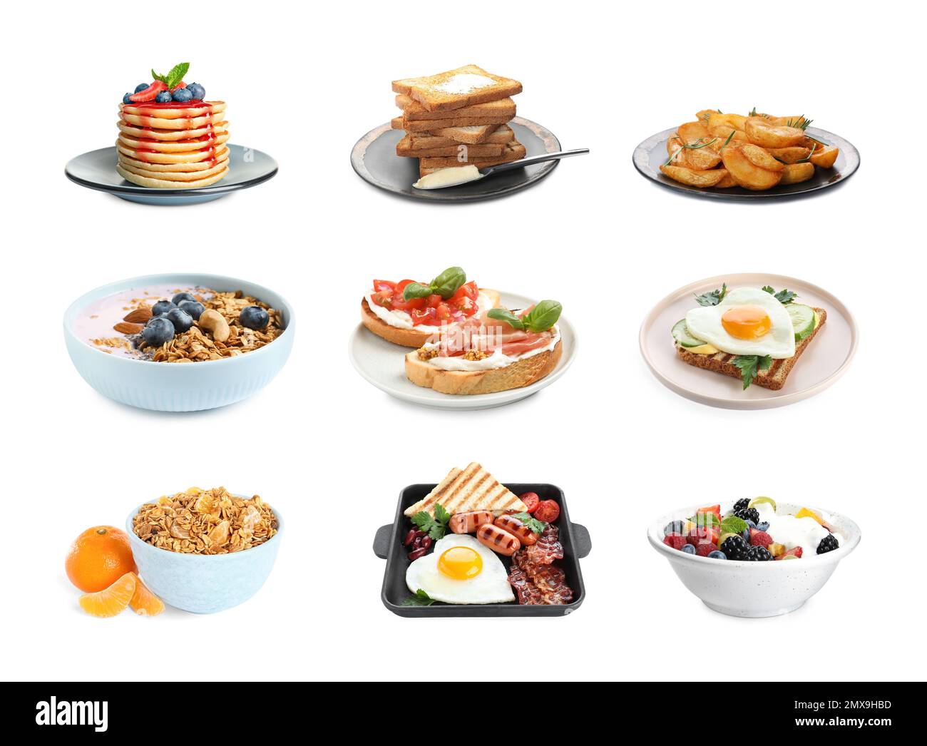 Set of different delicious dishes for breakfast on white background ...