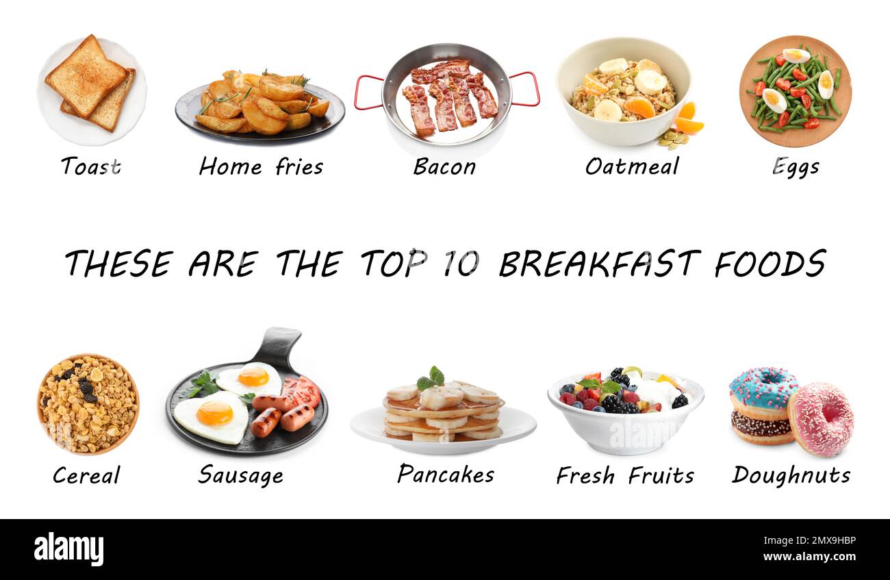 Set of different delicious dishes for breakfast on white background ...