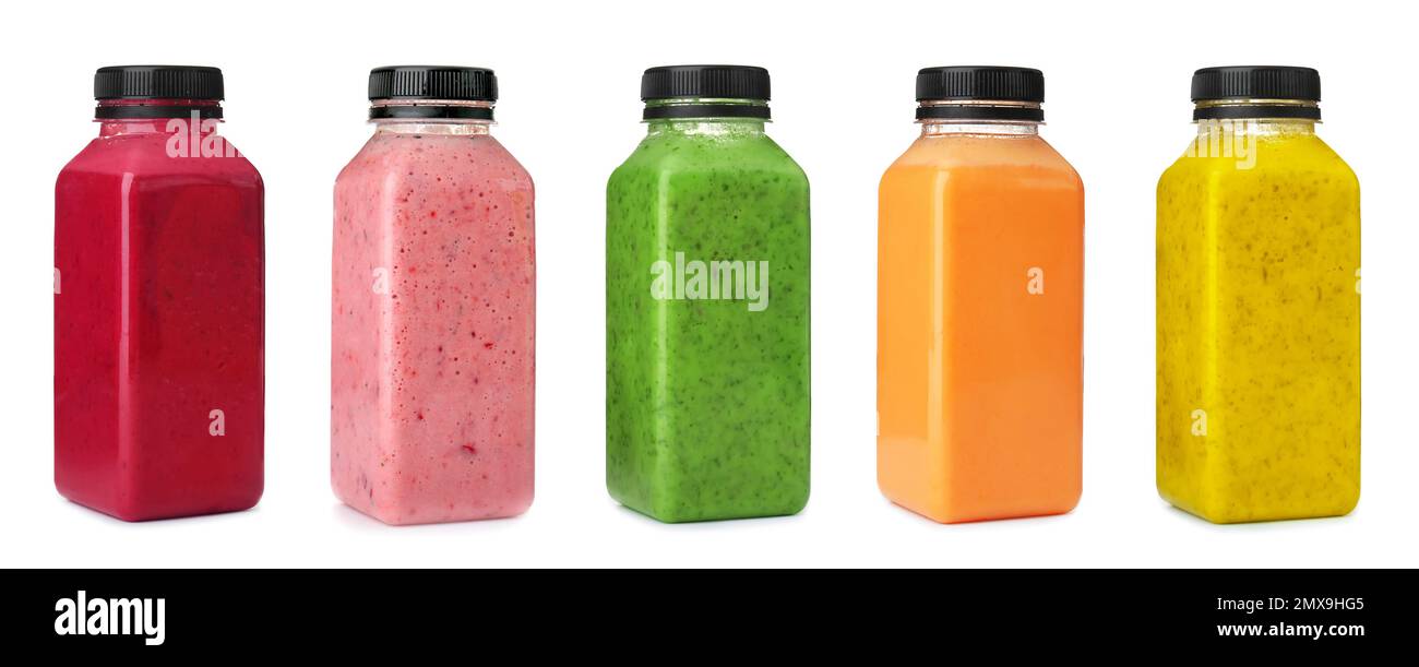 Set of different fresh tasty smoothies on white background. Banner ...
