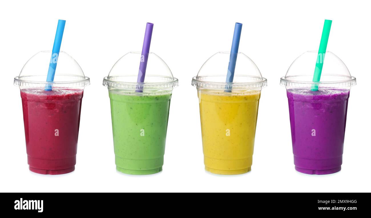 Set of different fresh tasty smoothies on white background. Banner ...