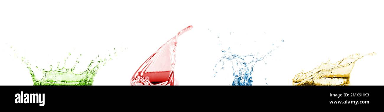 Set with splashes of different juices on white background. Banner ...