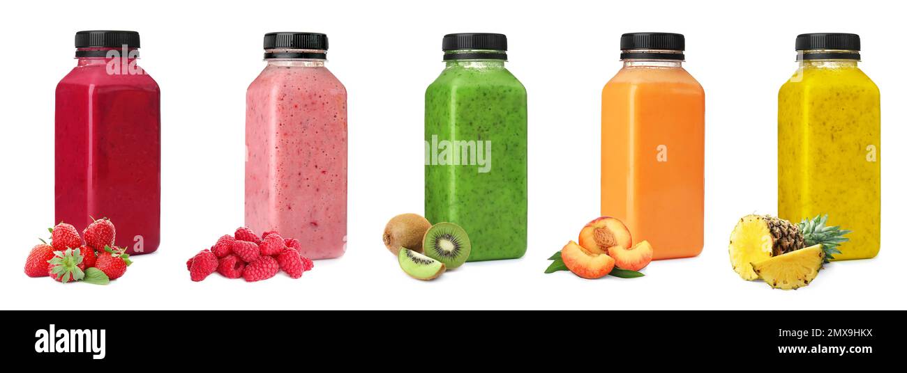 Set of different fresh tasty smoothies on white background. Banner ...