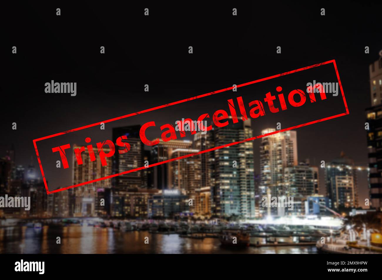 Trips cancellation during coronavirus quarantine. Night cityscape with ...