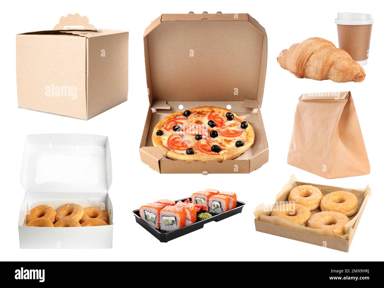 Collage of cardboard and plastic containers with fresh food on white ...