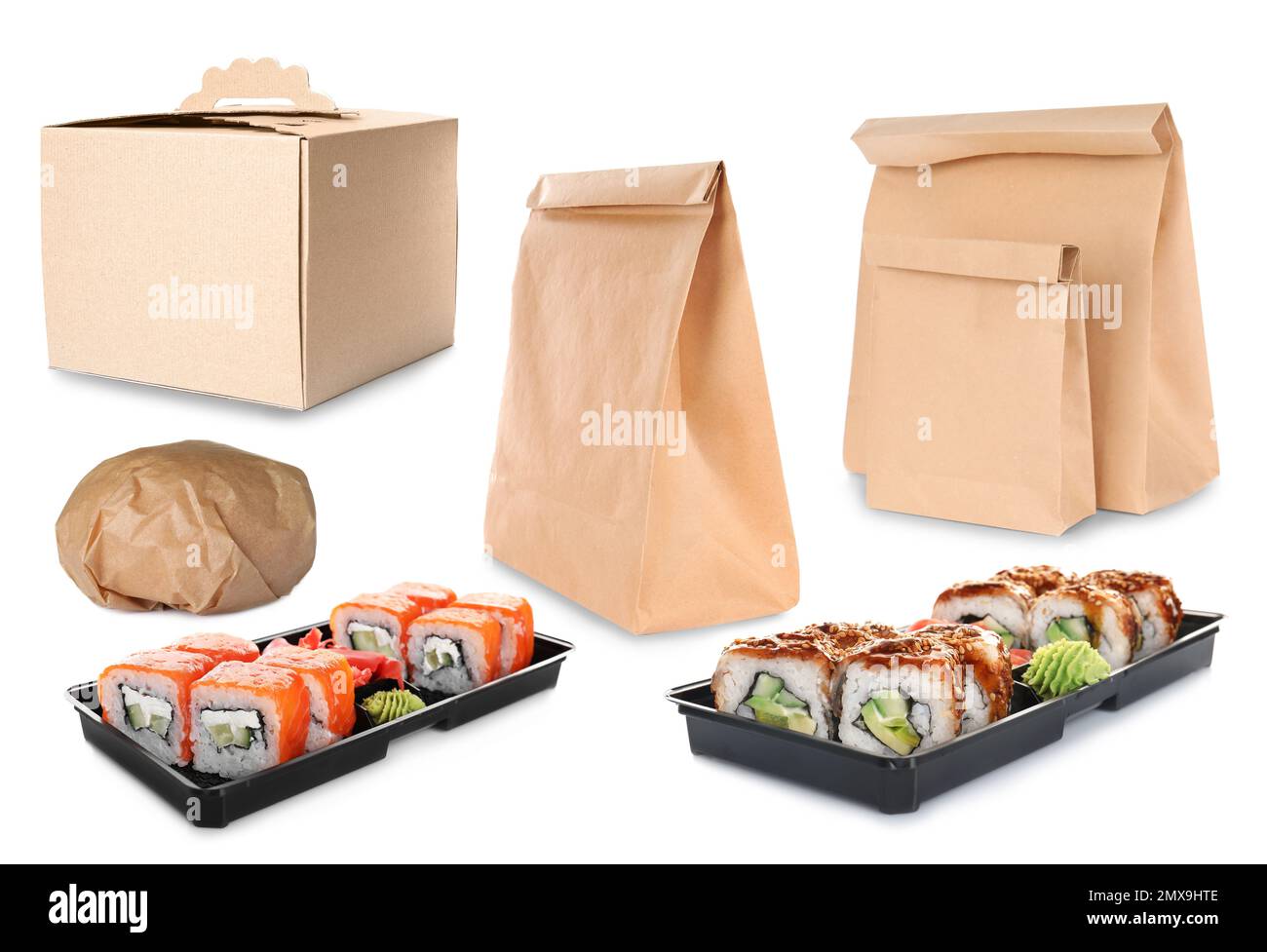 Collage of cardboard and plastic containers on white background. Food ...