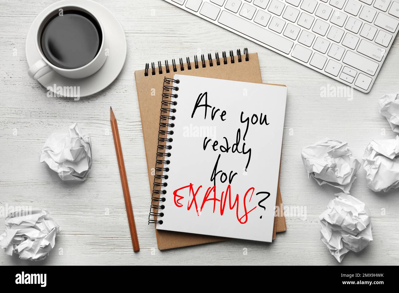 Flat lay composition of notebook with phrase ARE YOU READY FOR EXAMS ...