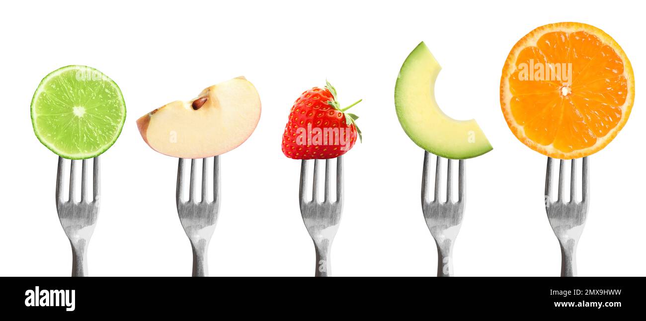 Forks with different vegetables and fruits on white background, banner ...