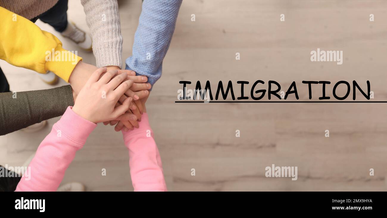Immigration concept. People holding hands together, top view Stock ...