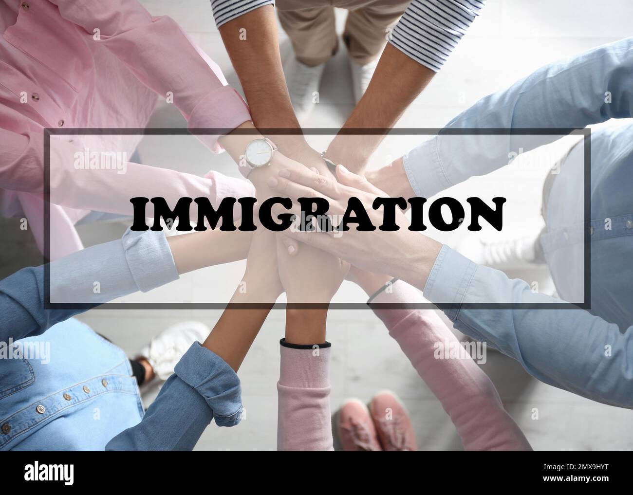 Immigration concept. People holding hands together, top view Stock ...