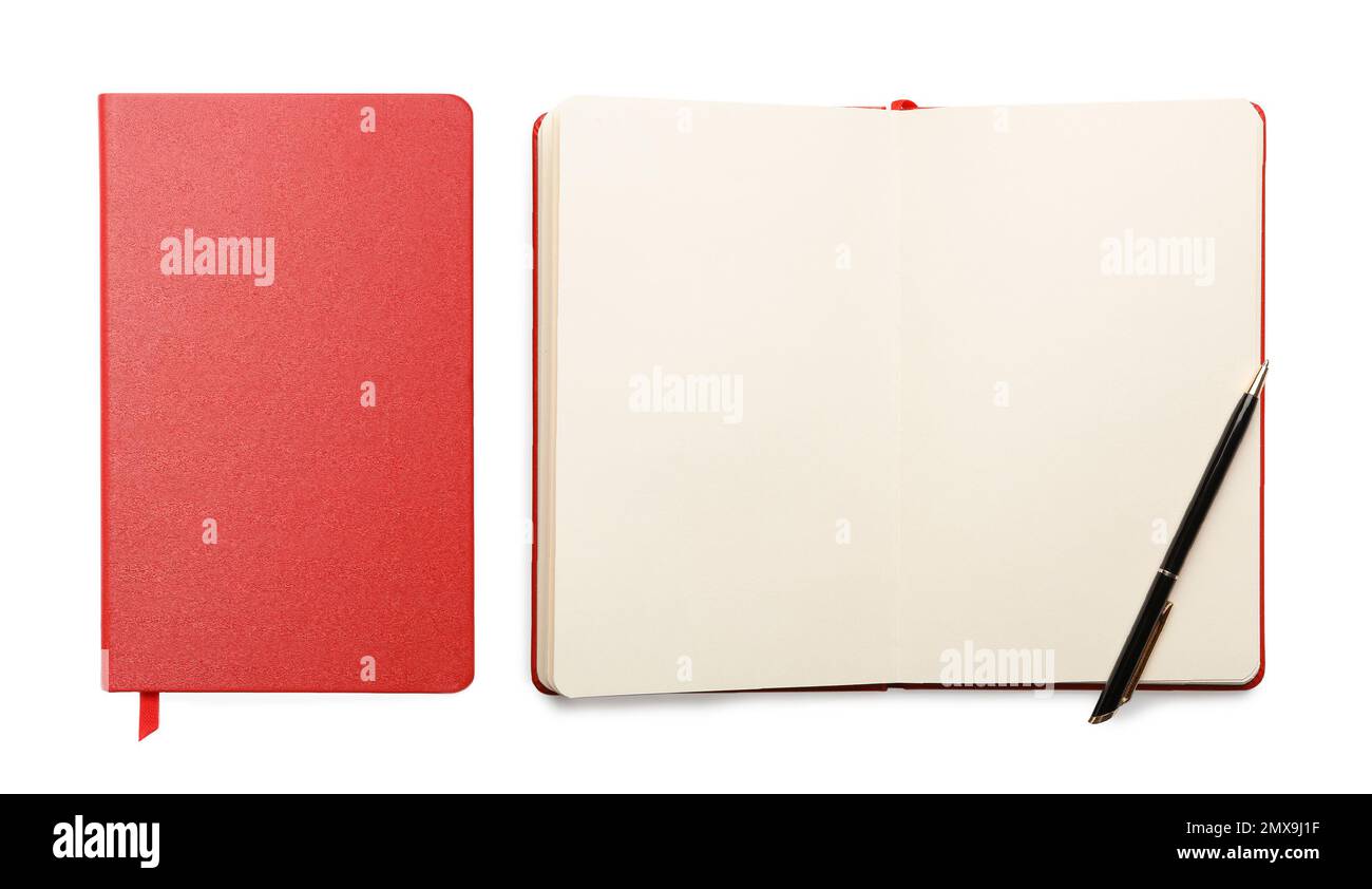 Open and closed notebook on white background, top view Stock Photo - Alamy
