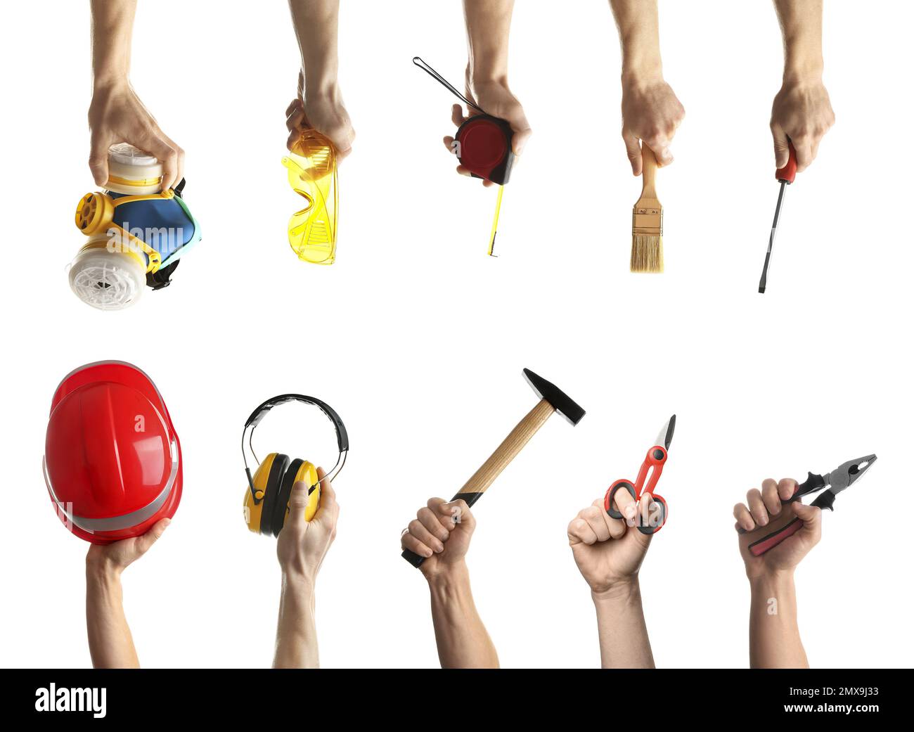 Collage of men holding construction tools on white background Stock ...