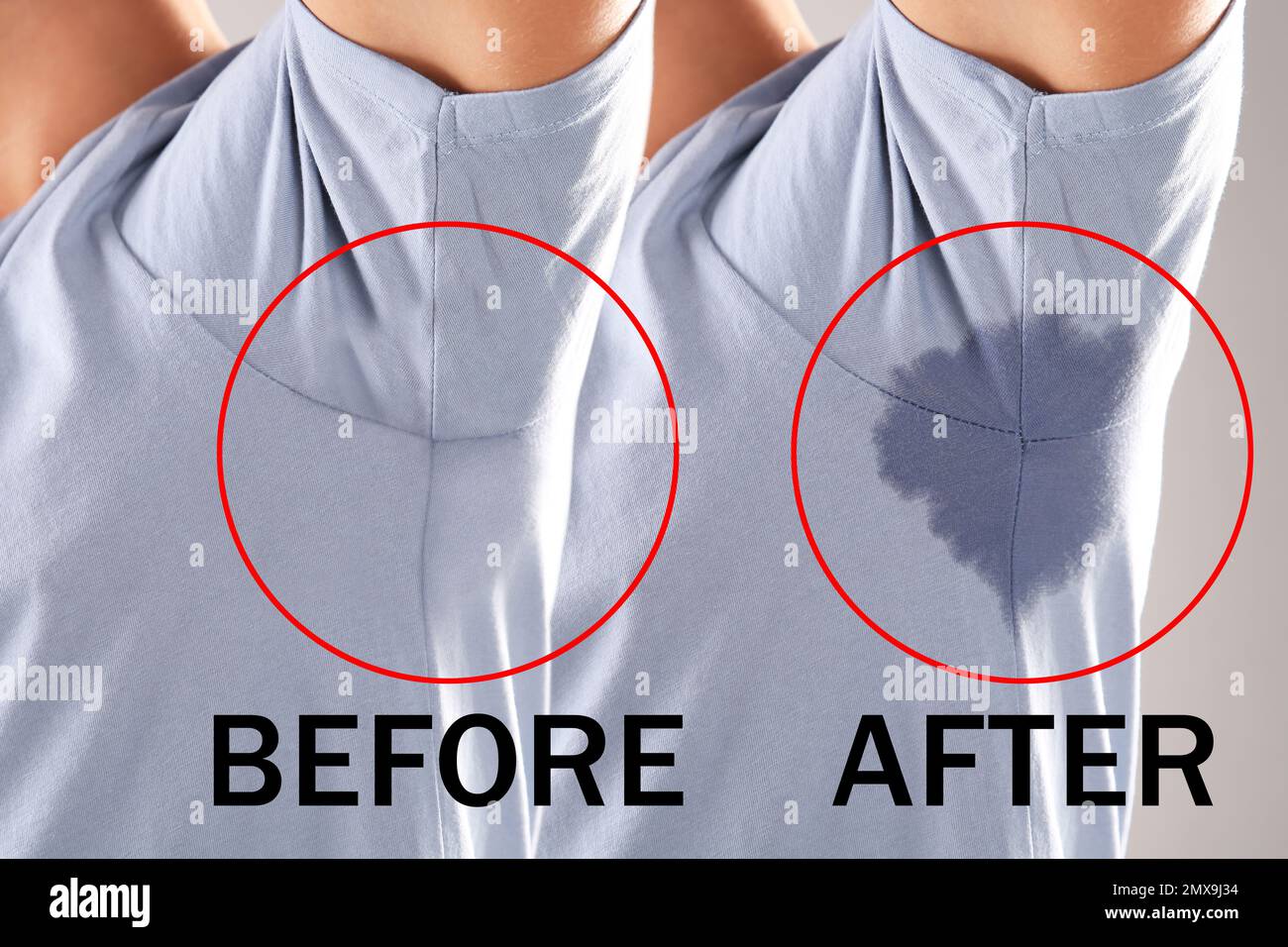 Man before and after using deodorant on light background, closeup Stock ...