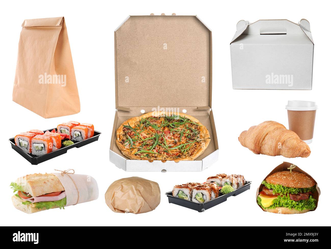 Collage of cardboard and plastic packages with fresh food on white ...
