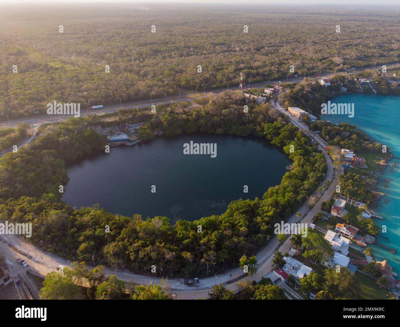 Aerial Drone Shot of Beautiful Cenote Azul and view on 7 seven colors ...