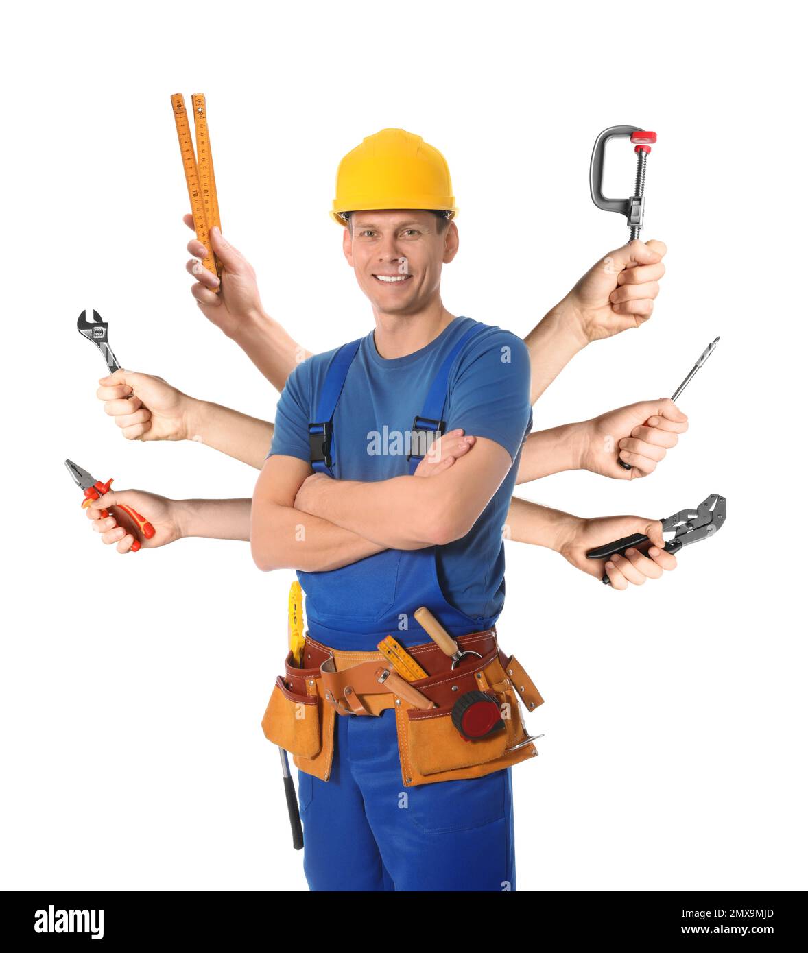 Multitasking concept. Handyman with different tools on white background ...