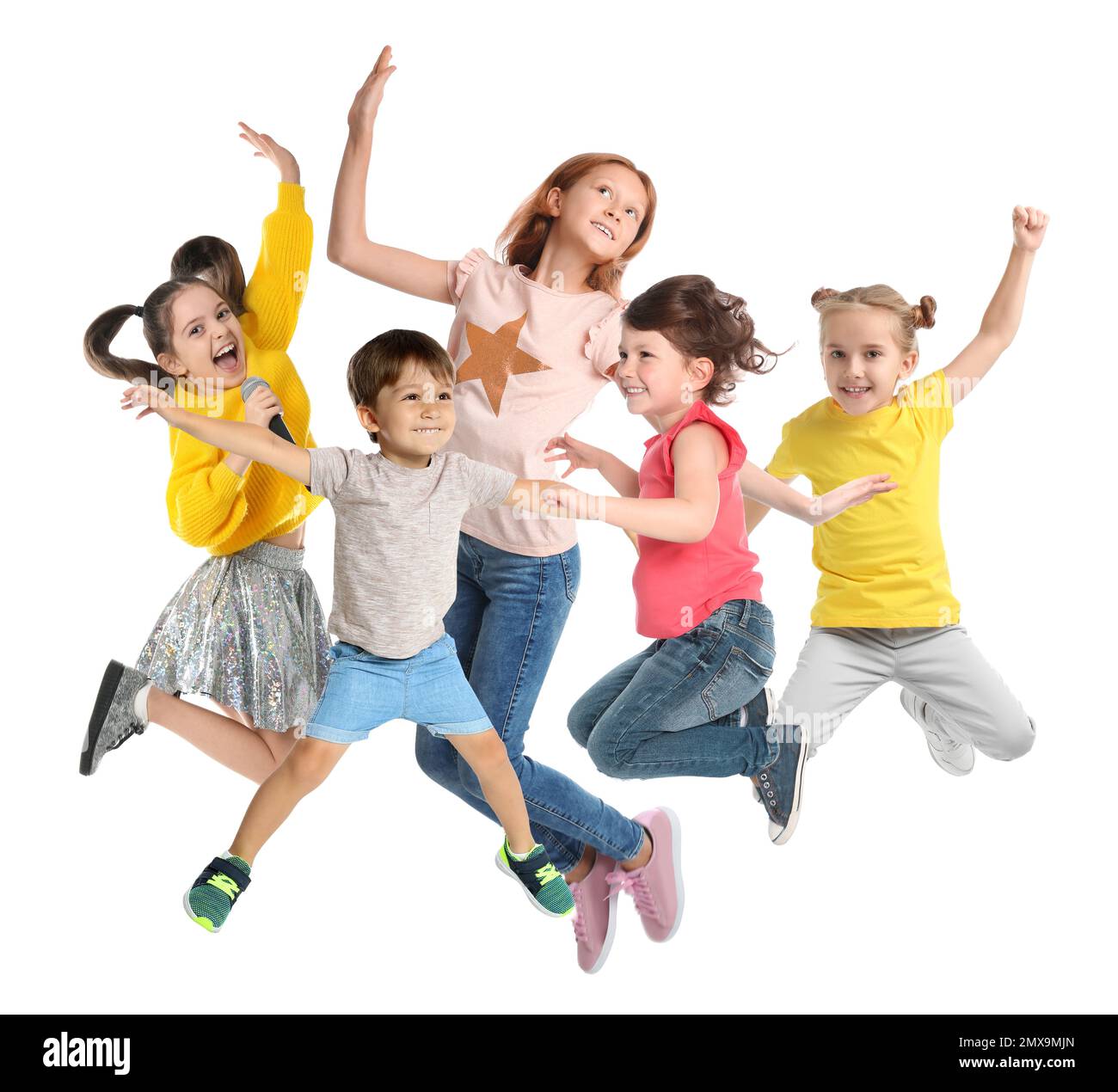 Collage of emotional children jumping on white background Stock Photo ...