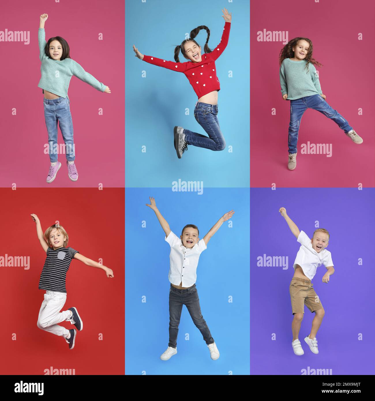 Collage of emotional children jumping on different color backgrounds ...