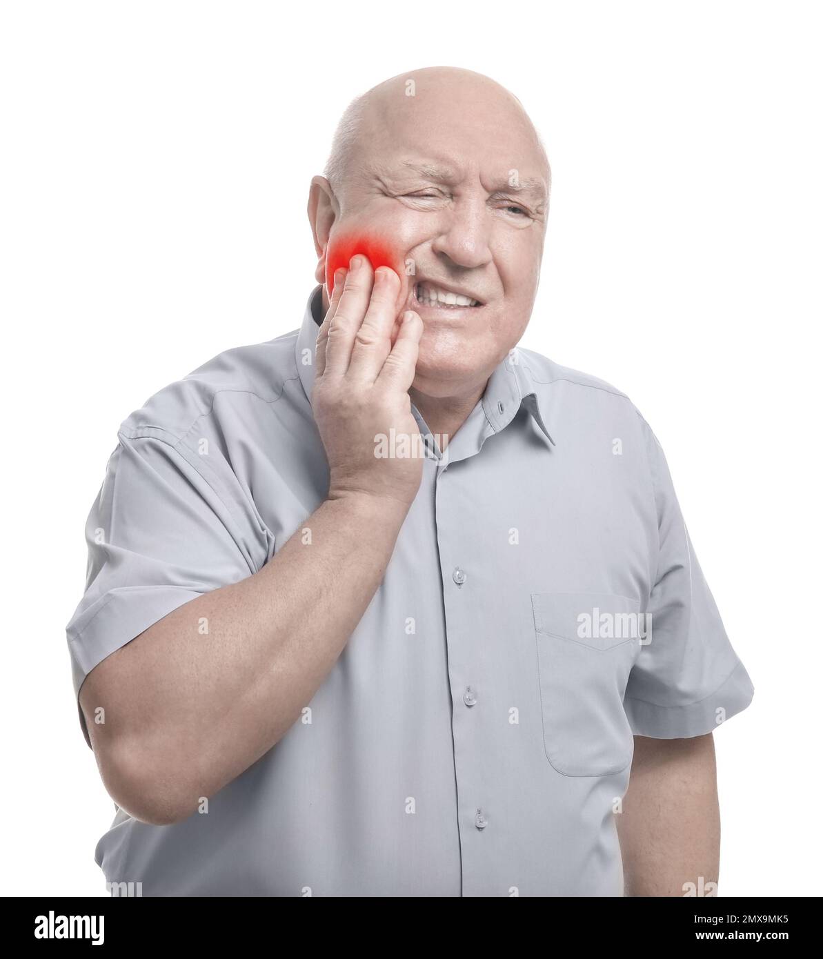 Senior man suffering from toothache on white background Stock Photo - Alamy