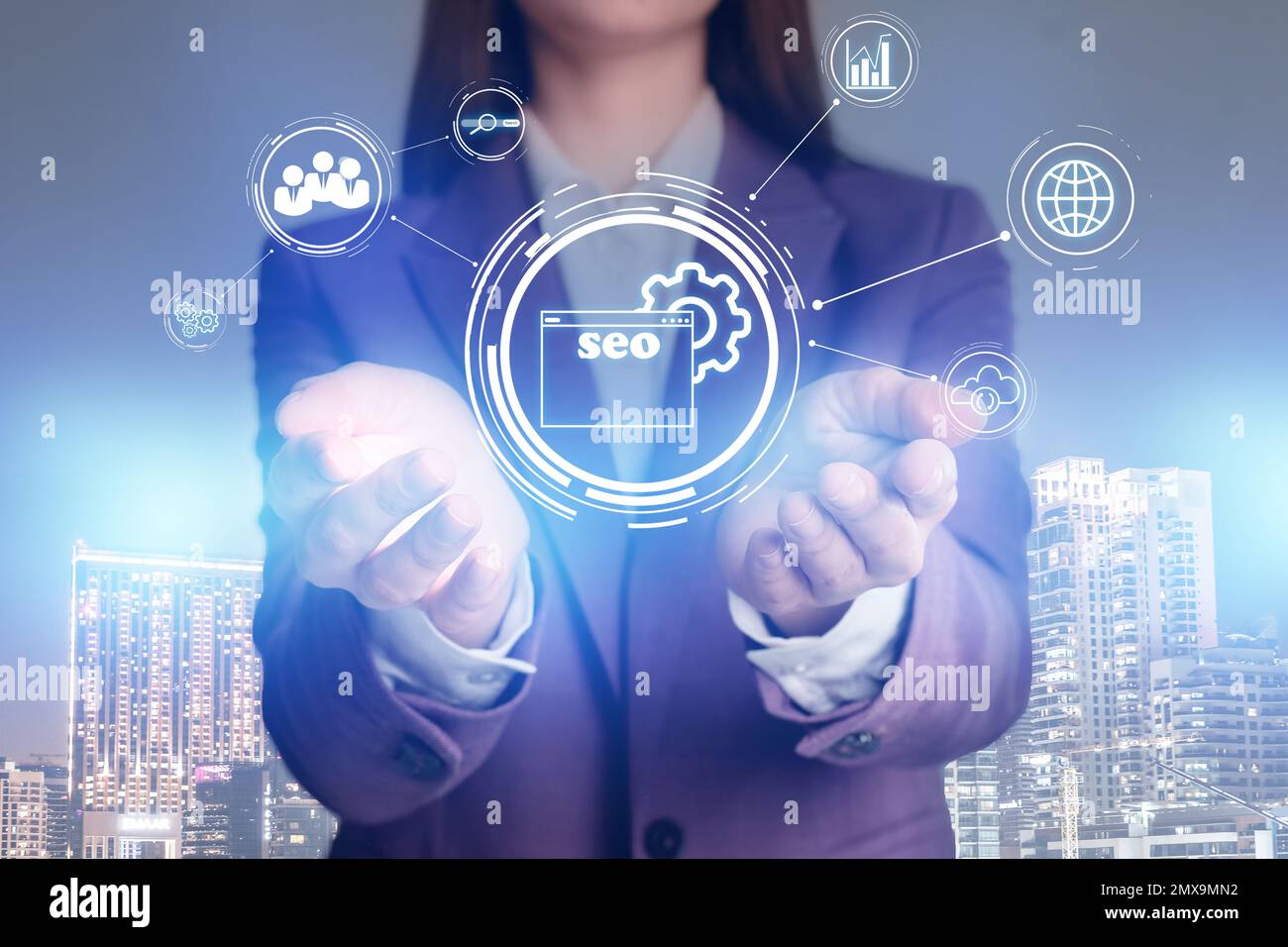 Woman demonstrating directions of SEO. Icons of keyword research ...