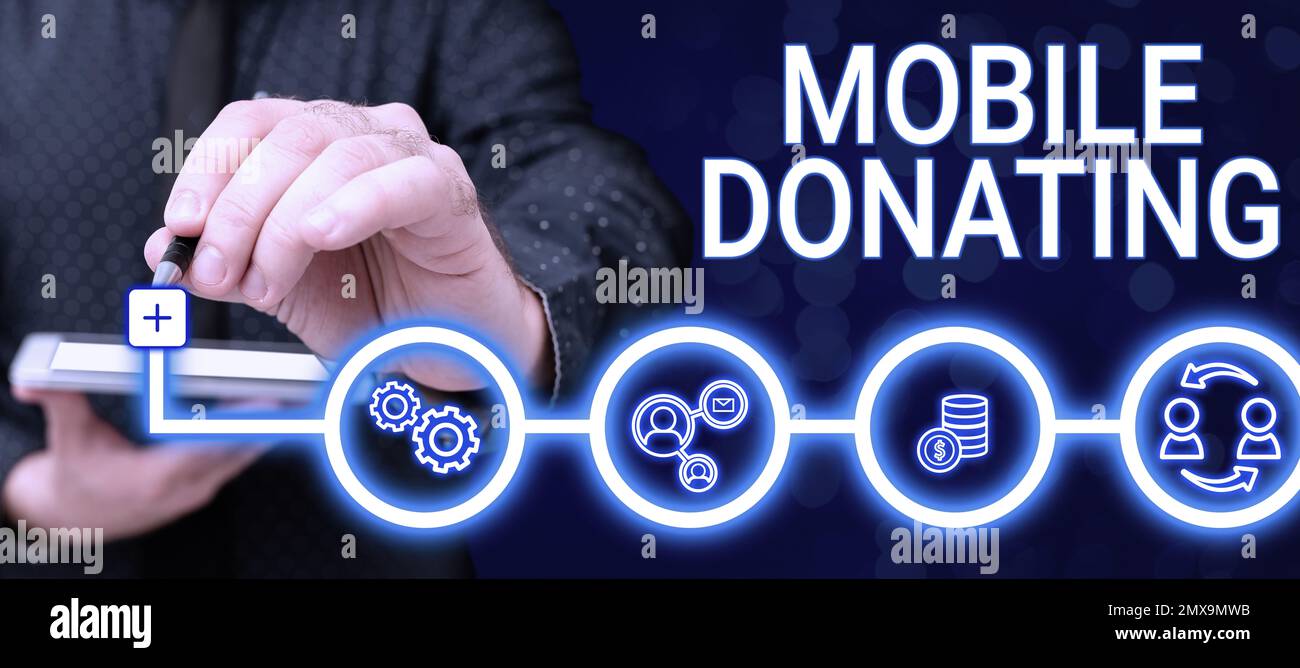 Conceptual caption Mobile Donating. Concept meaning to give something to a charity or any cause ...