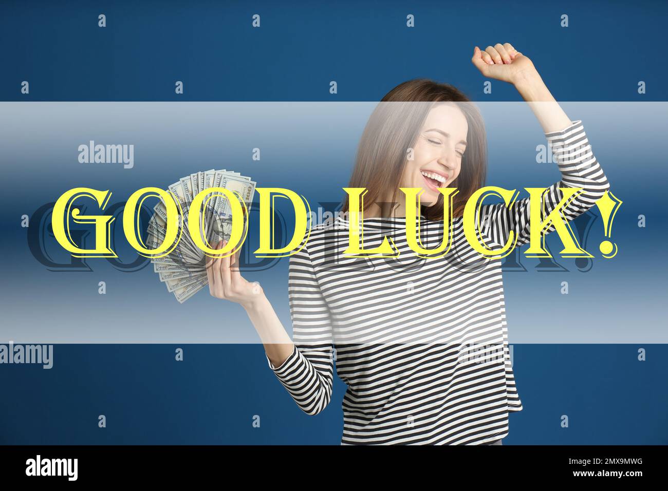 Happy young woman with cash money on blue background. Good luck Stock ...