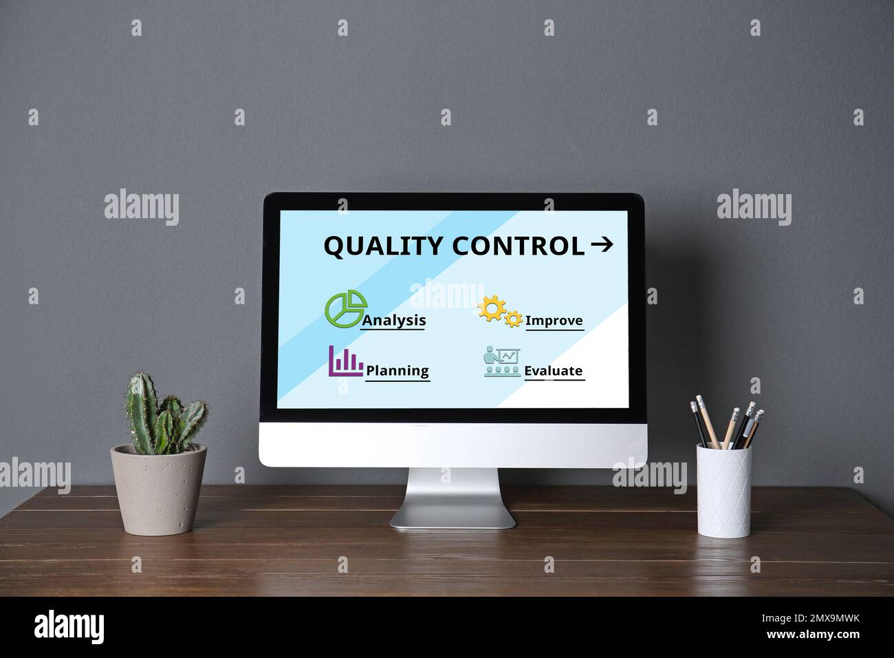 Quality control service. Modern computer on table in office Stock Photo ...