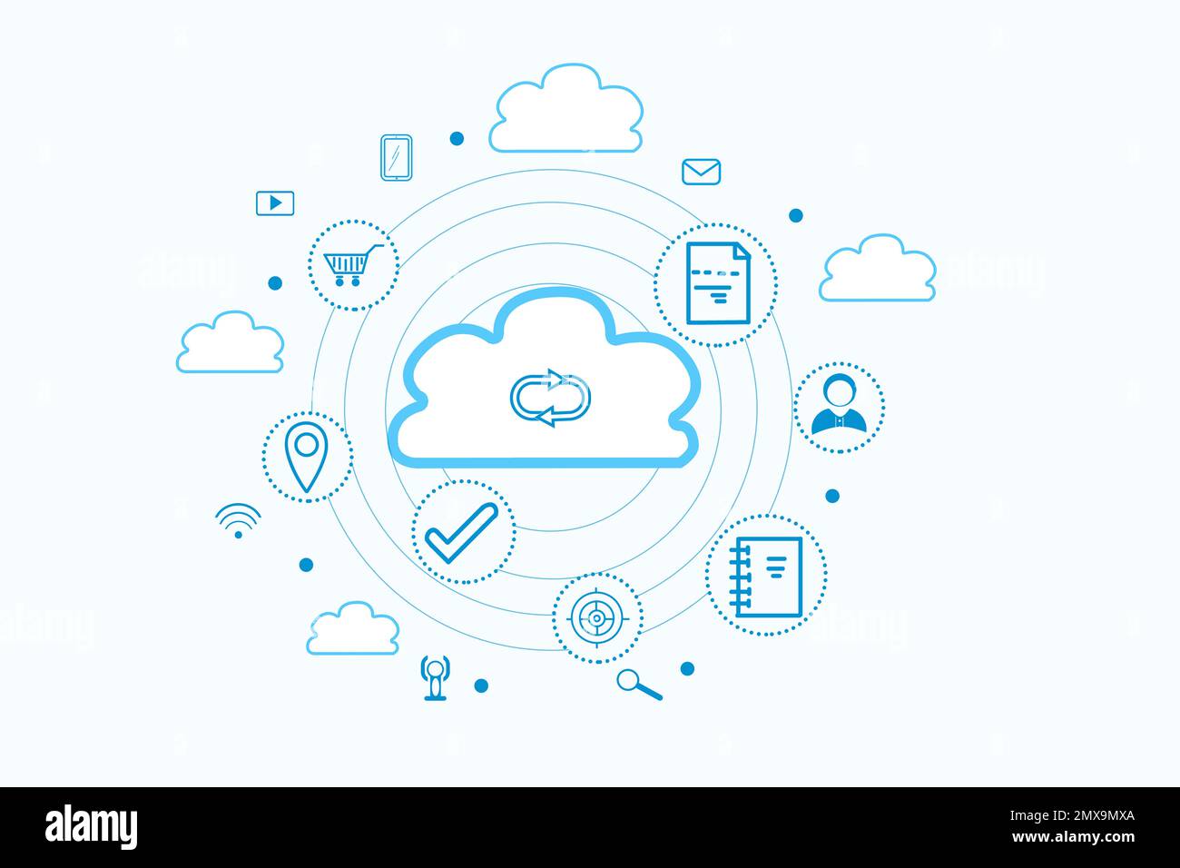 Illustration of digital cloud with different icons on white background ...