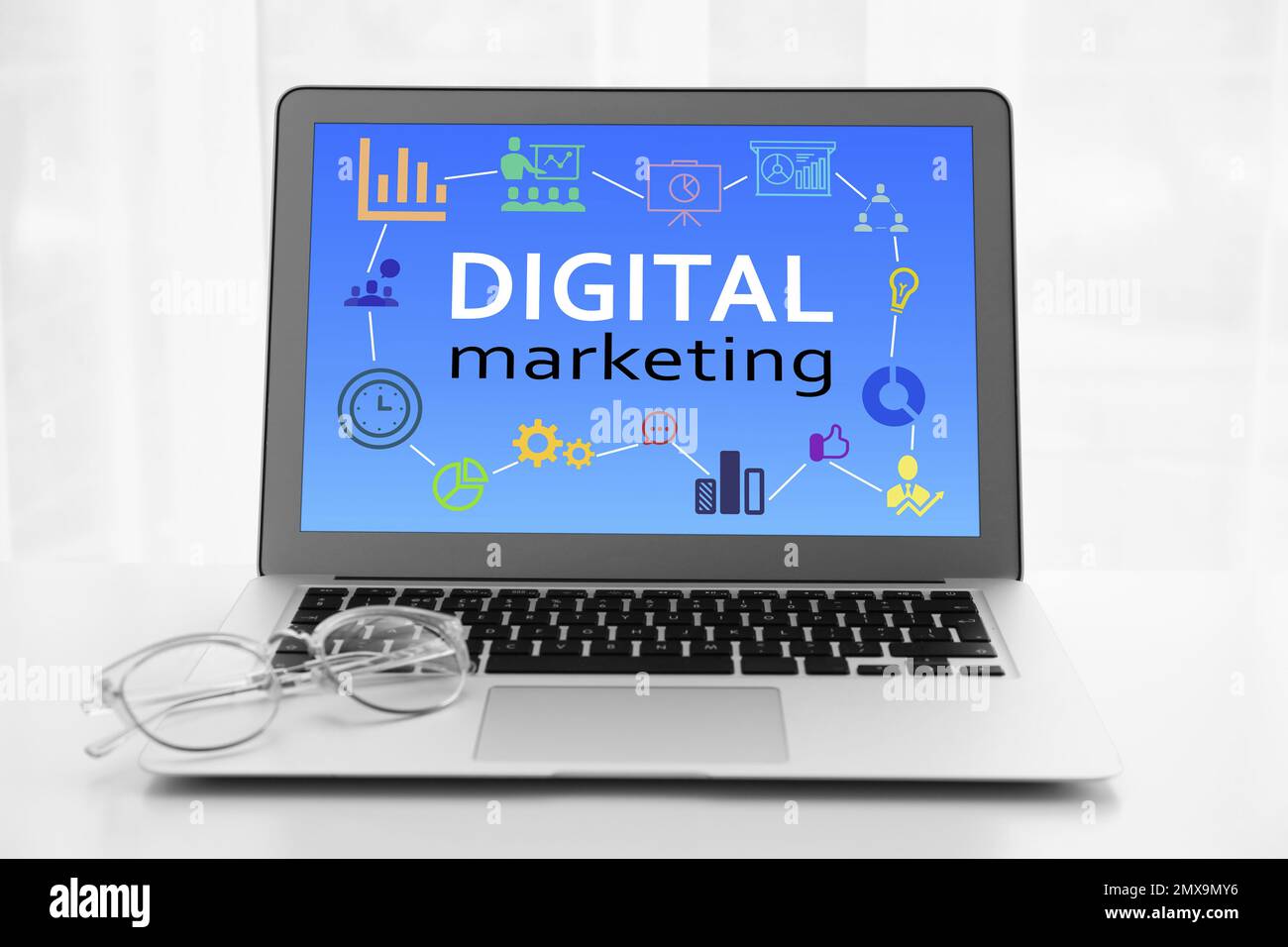 Digital marketing concept. Modern laptop on white background Stock ...