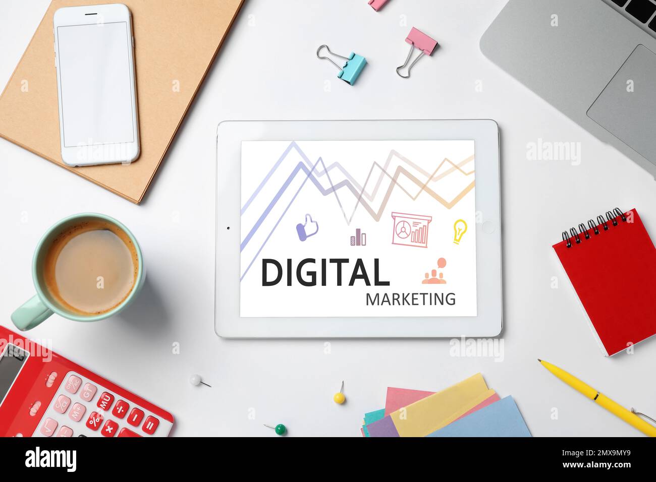 Digital marketing concept. Modern tablet on workplace, flat lay Stock ...