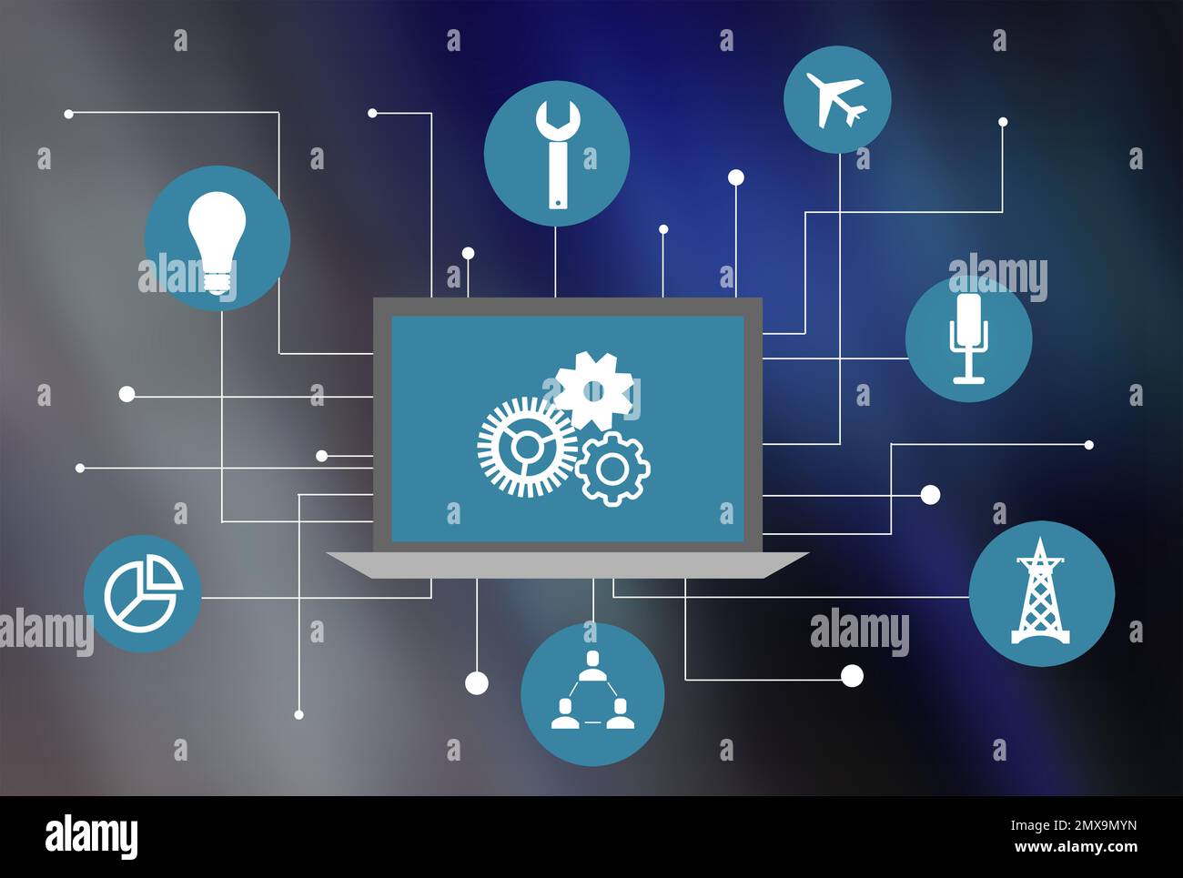 Machine learning concept. Illustration of laptop with linked icons ...