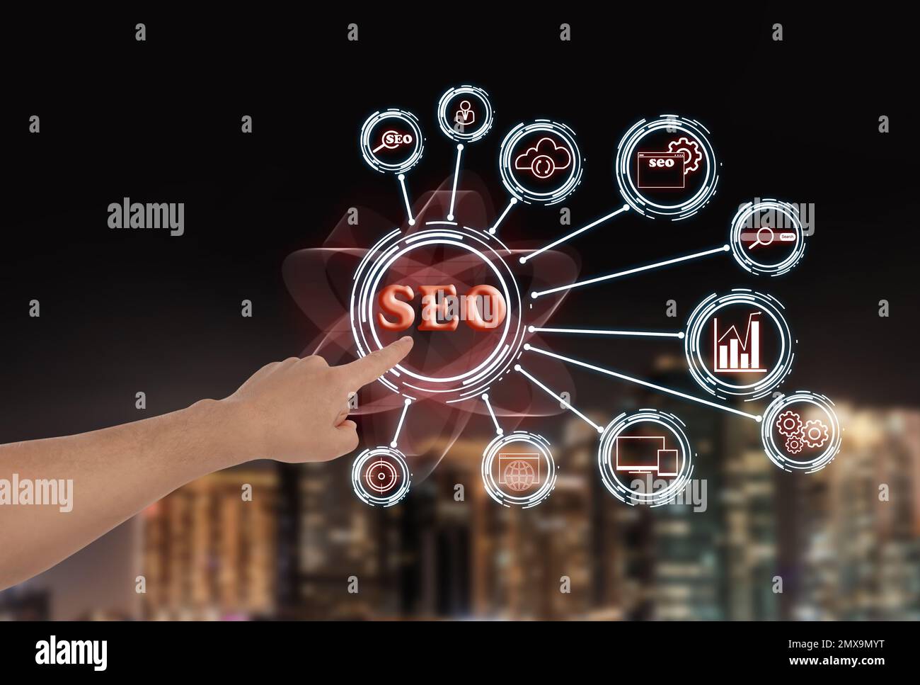 SEO directions with icons of keyword research, customization and others ...