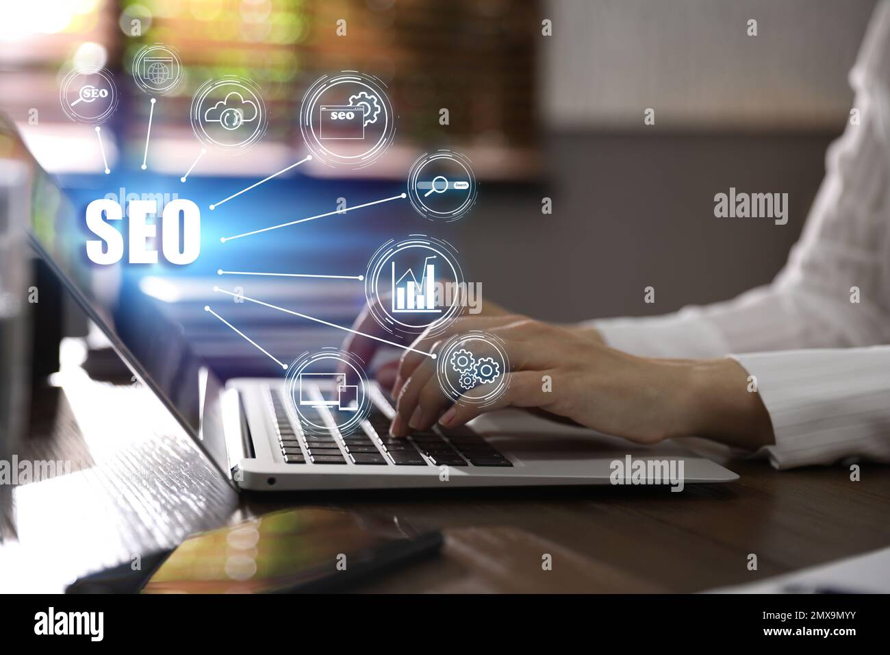 SEO directions with icons of keyword research, customization and others ...