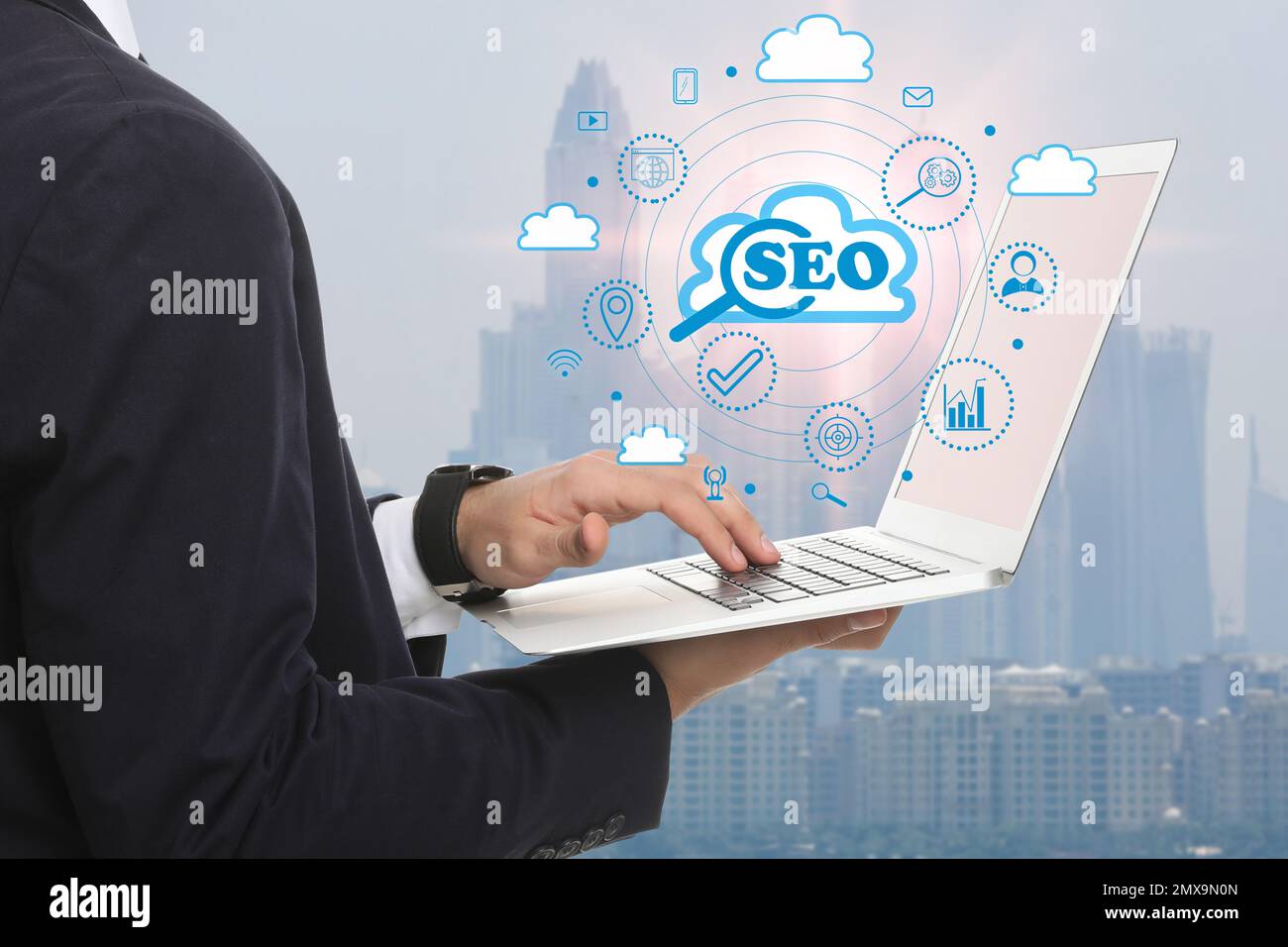 SEO directions with icons of keyword research, customization and others ...