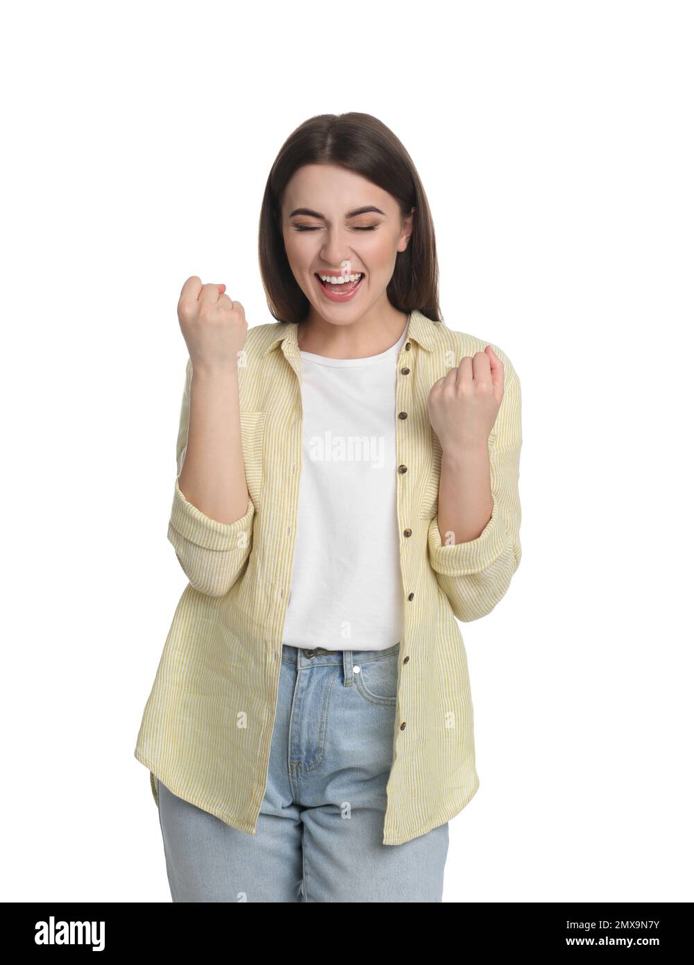 Portrait of excited young woman on white background Stock Photo - Alamy