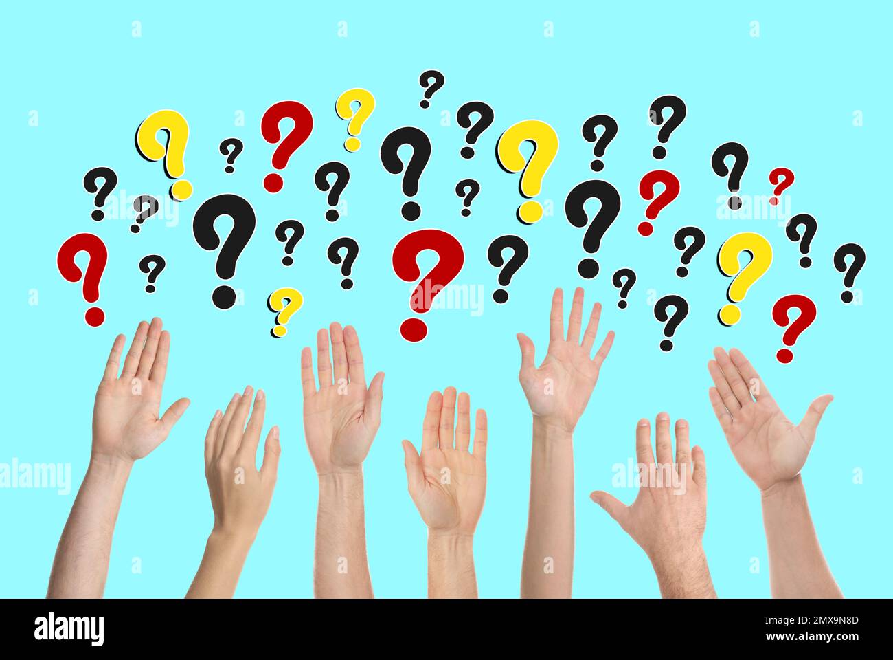 Collage of people raising hands and question marks on turquoise ...