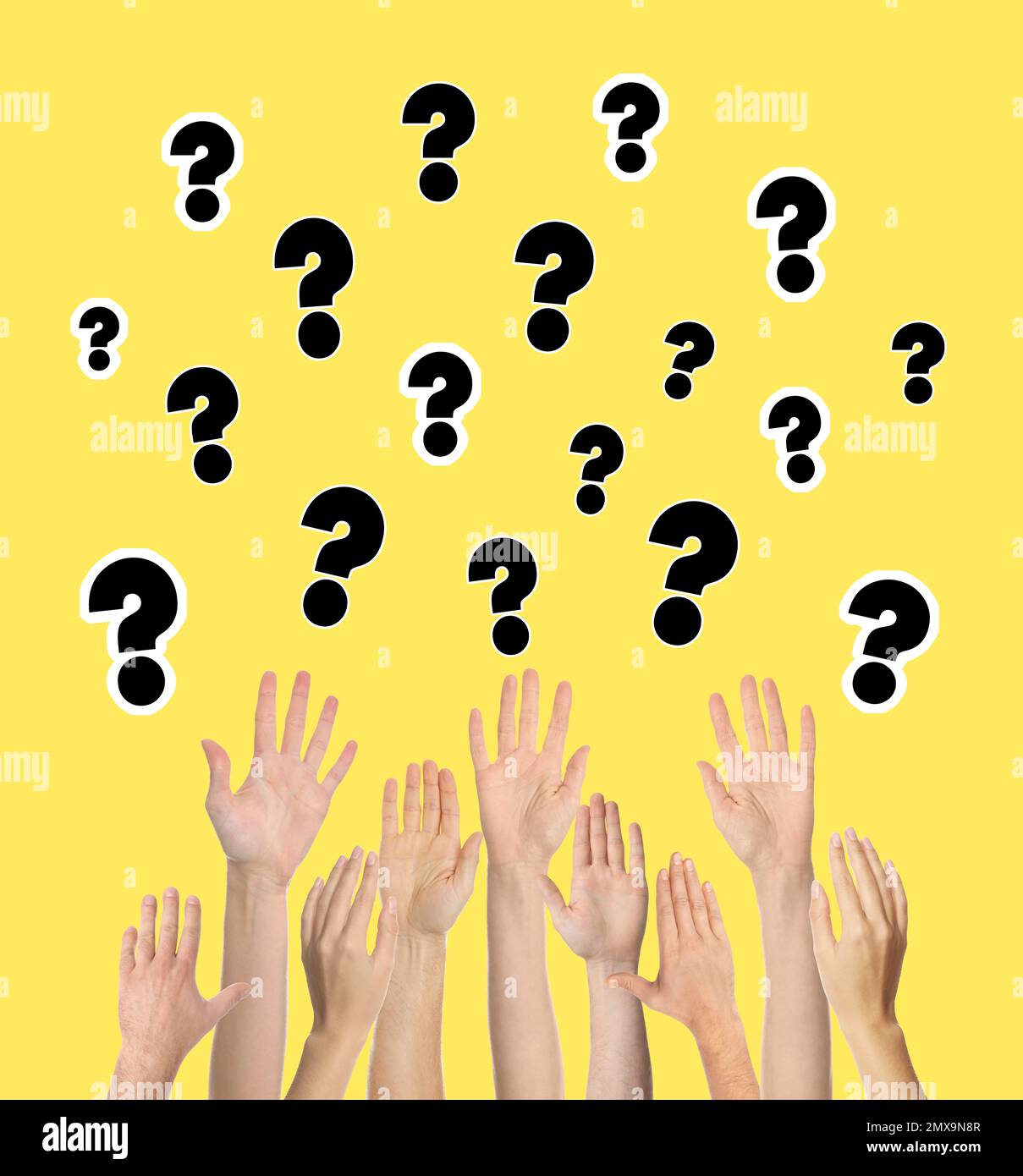 Collage of people raising hands and question marks on yellow background ...