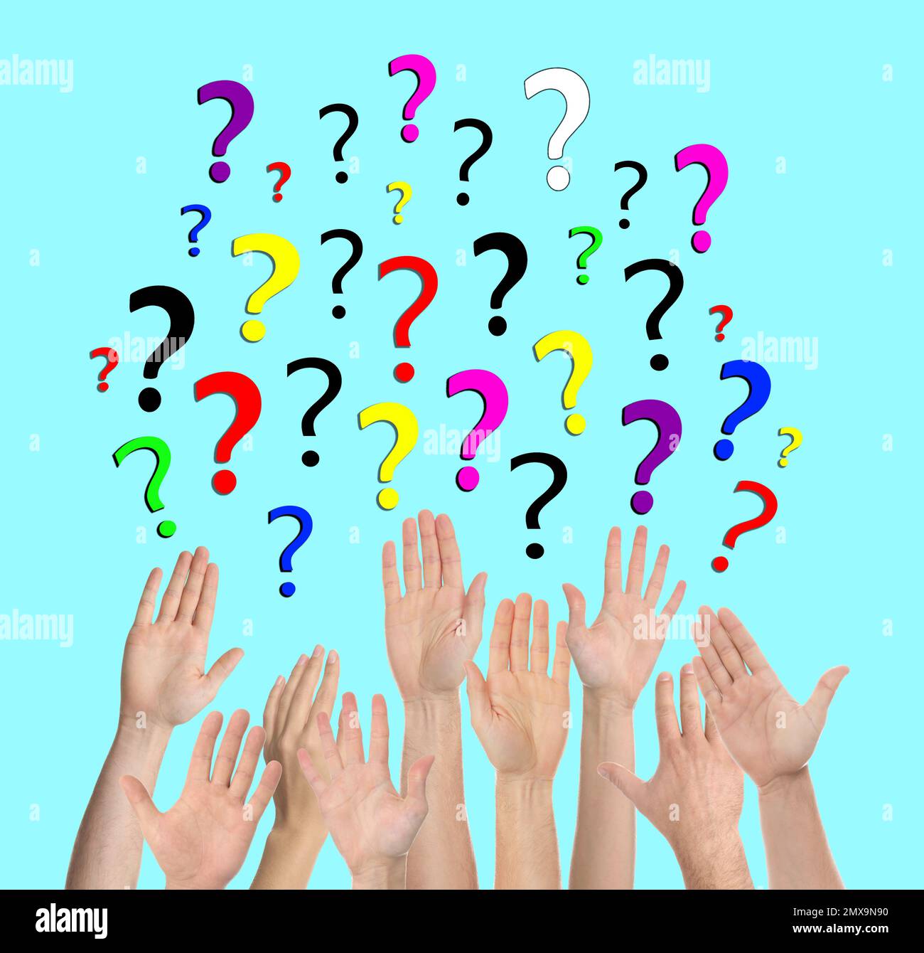 Collage of people raising hands and question marks on turquoise ...
