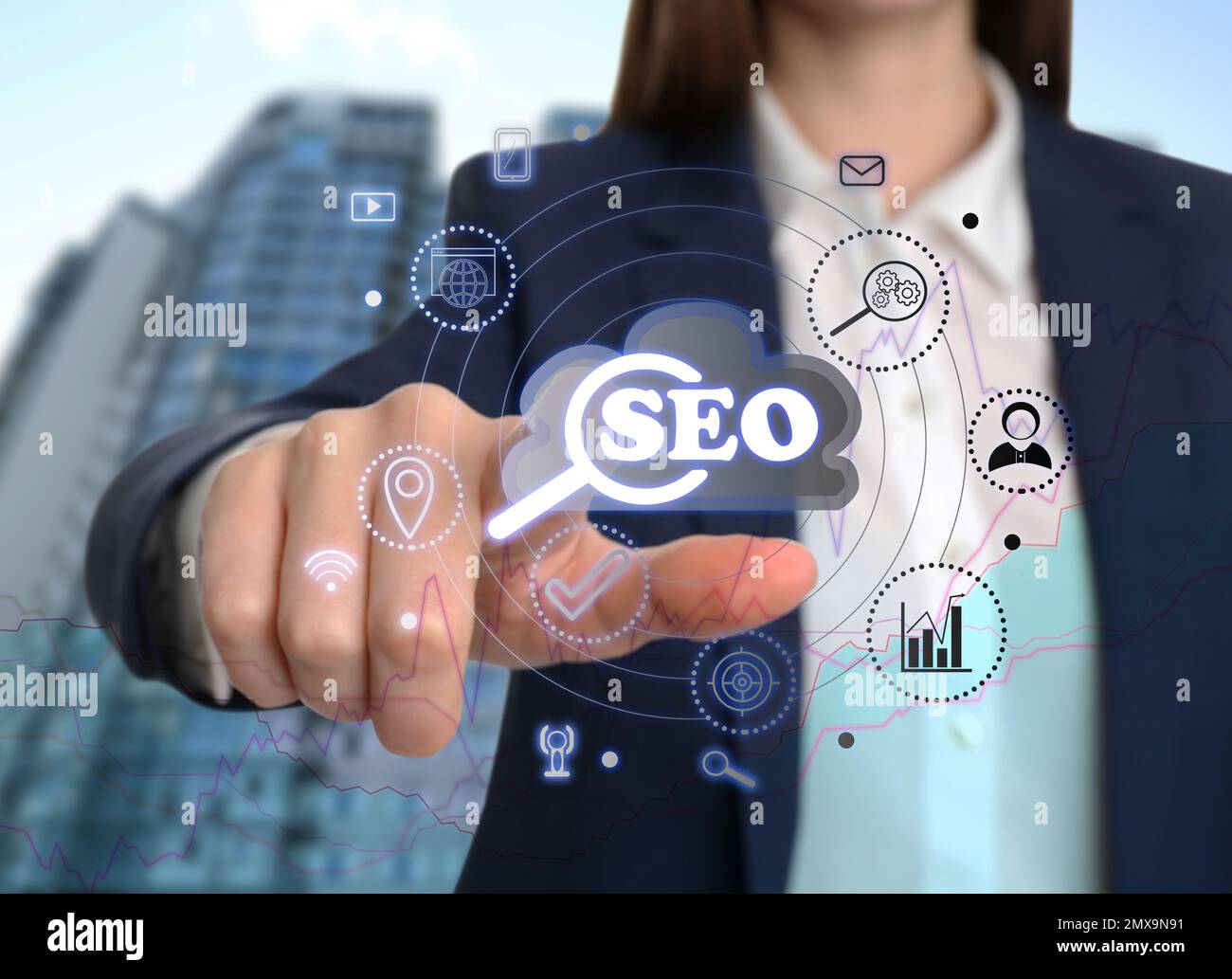 SEO directions with icons of keyword research, customization and others ...