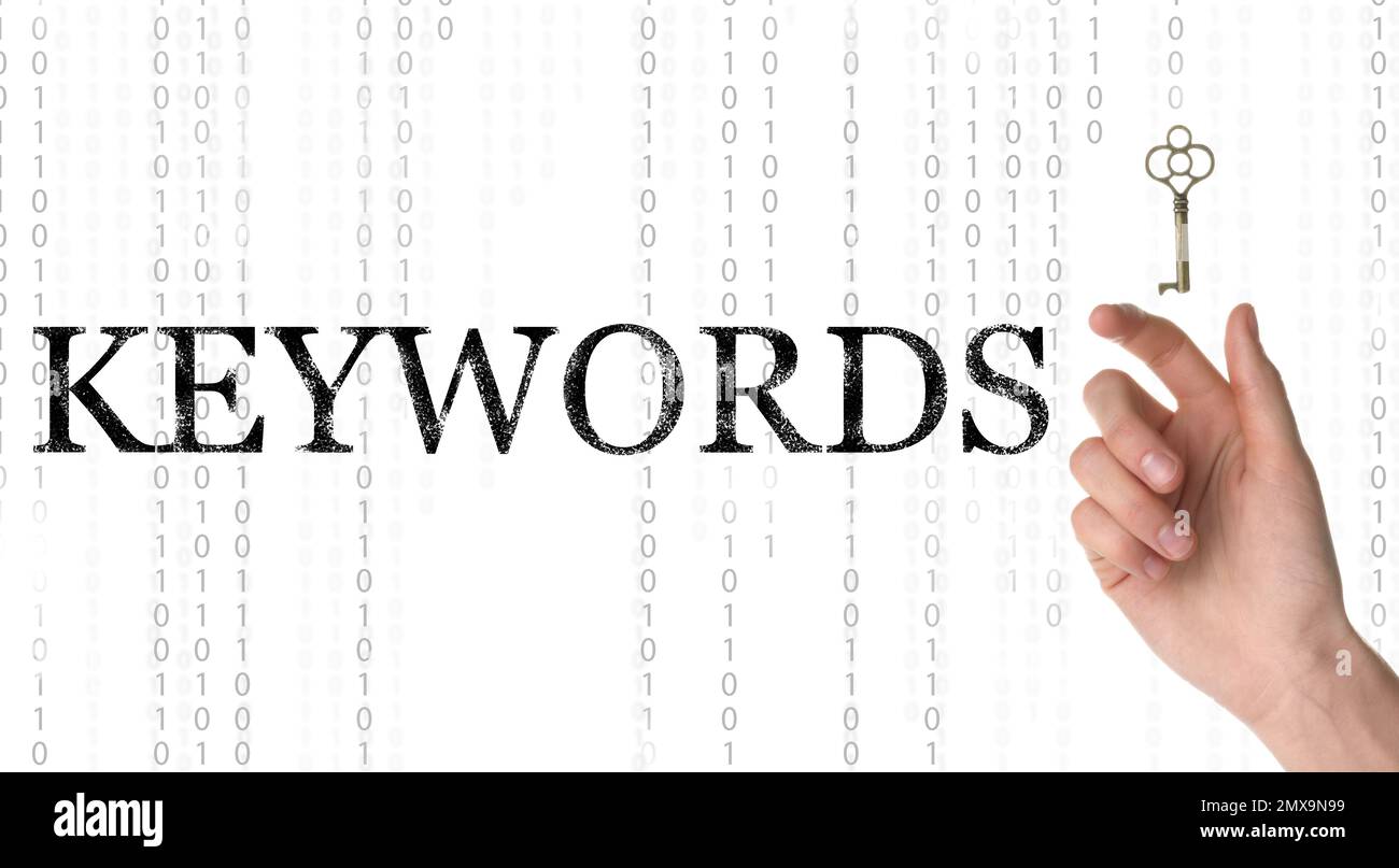Word Keywords, woman and key on white background with binary code. SEO ...