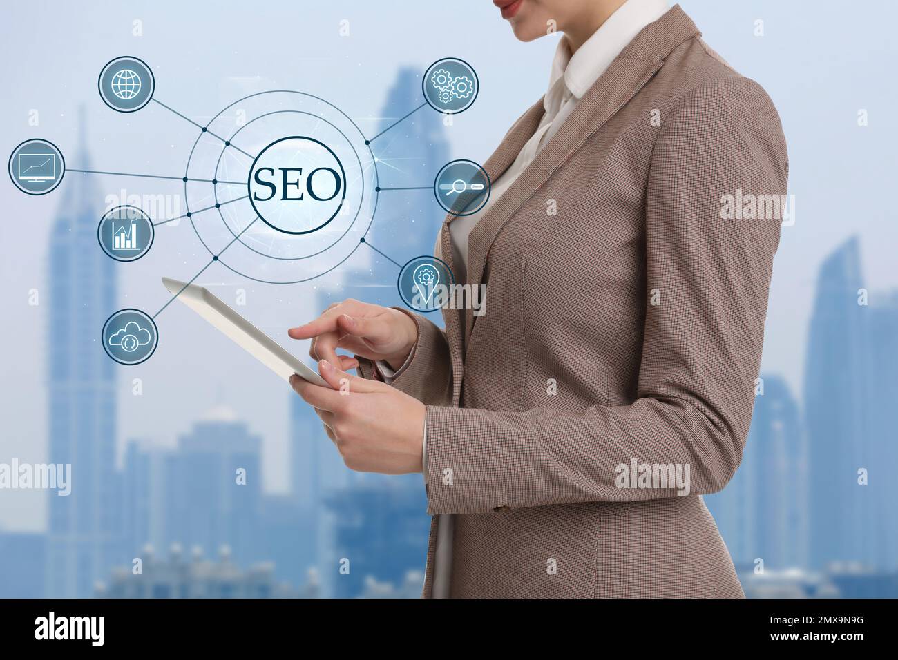 SEO directions with icons of keyword research, customization and others ...