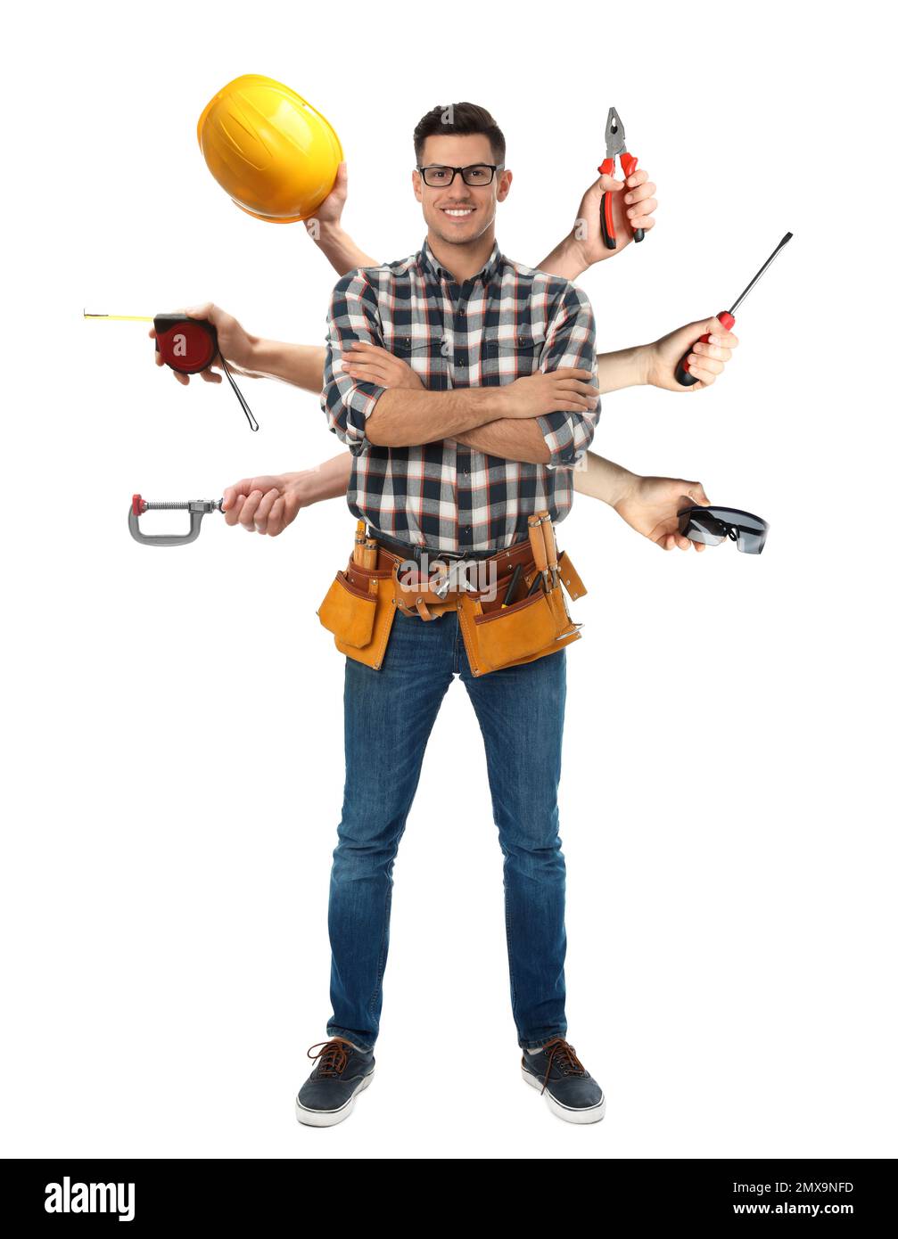 Multitasking concept. Handyman with different tools on white background ...