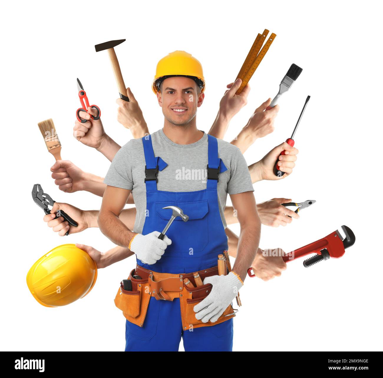 Multitasking concept. Handyman with different tools on white background ...