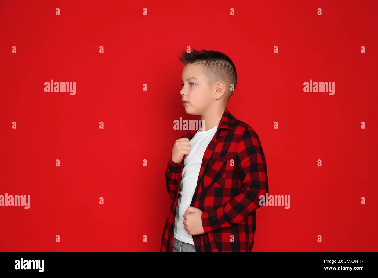 Portrait of cute little boy on red background Stock Photo - Alamy