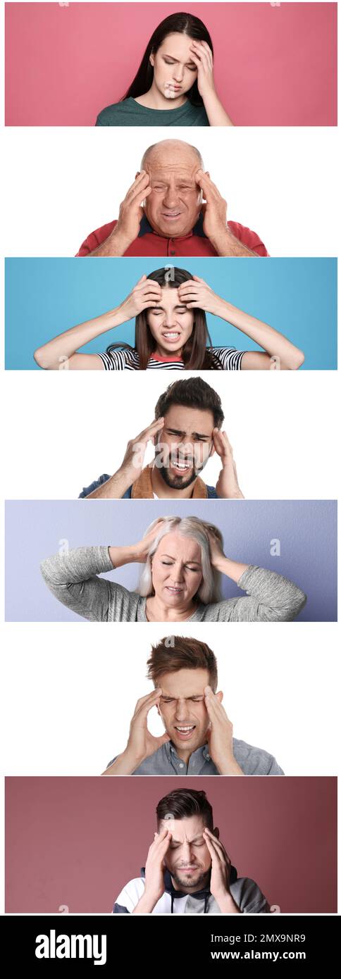 Collage with stressed people on different color backgrounds Stock Photo - Alamy