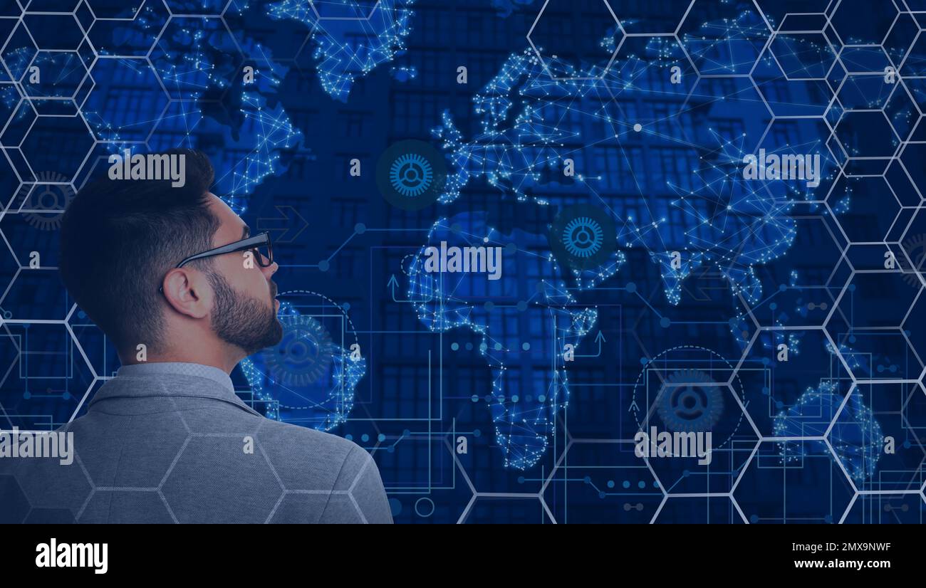 Young man and world map with network connection lines. Modern ...